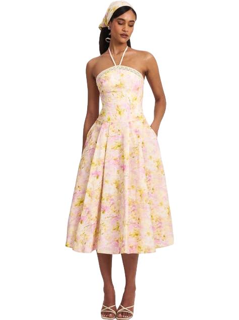 MISS CIRCLE Floral Print Lace Trim Linen Midi Dress